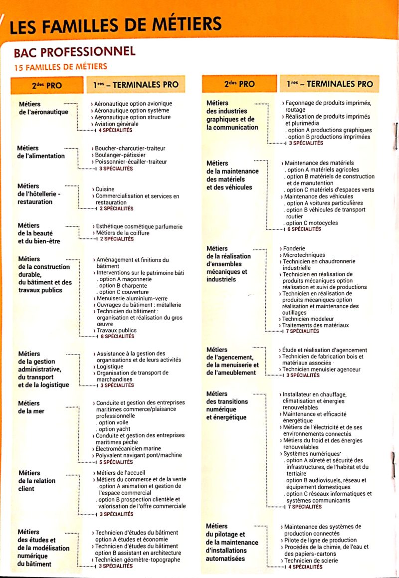 Familles de métiers 2ndes pro